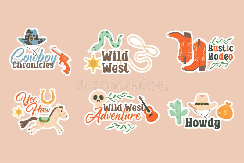 Wild West Stickers Concept with Lettering Stock Vector - Illustration ...