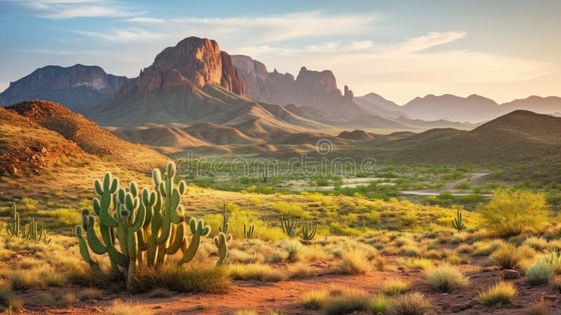 Wild West Texas Desert Landscape with Mountains and Cacti Stock ...