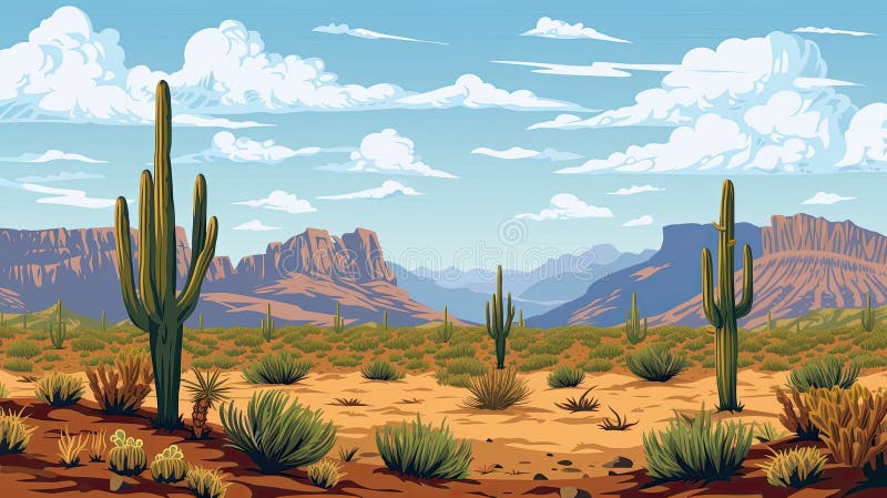Wild West Texas Desert Landscape with Mountains and Cacti Stock ...