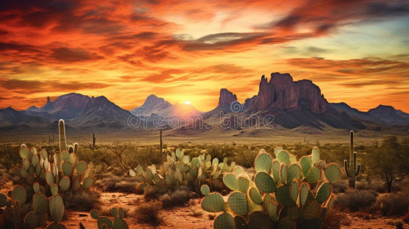 Wild West Texas Desert Landscape with Sunset with Mountains and Cacti ...