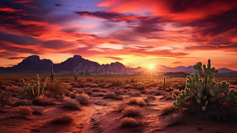 Wild West Texas Desert Landscape with Sunset with Mountains and Cacti ...