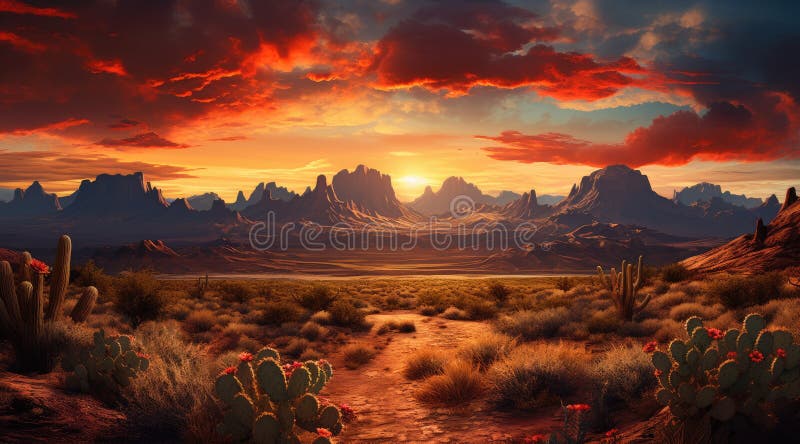 Wild West Texas Desert Landscape with Sunset with Mountains and Cacti ...