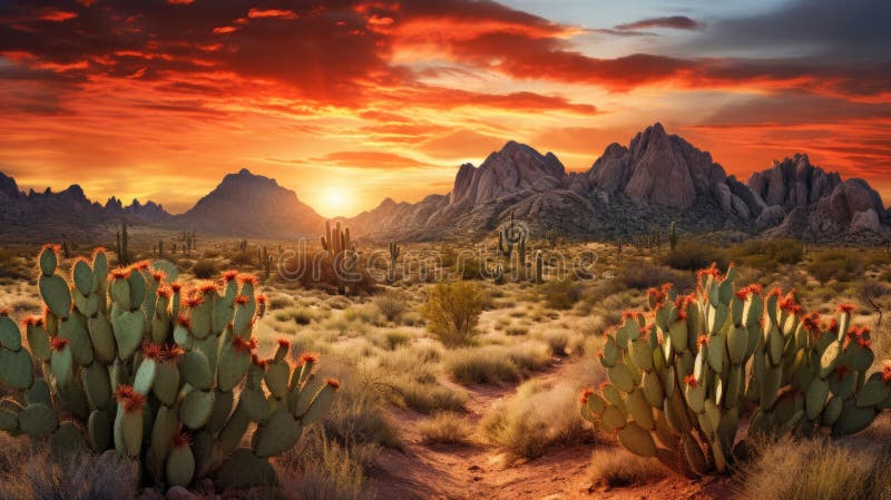 Wild West Texas Desert Landscape with Sunset with Mountains and Cacti ...