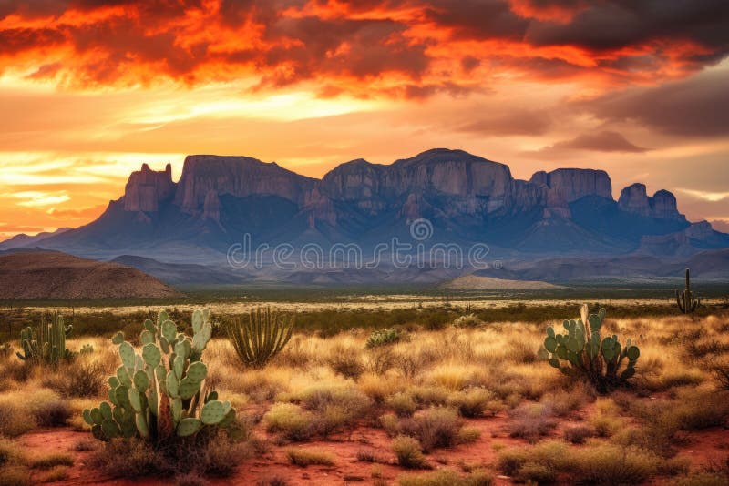 Wild West Texas Desert Landscape with Sunset with Mountains and Cacti ...