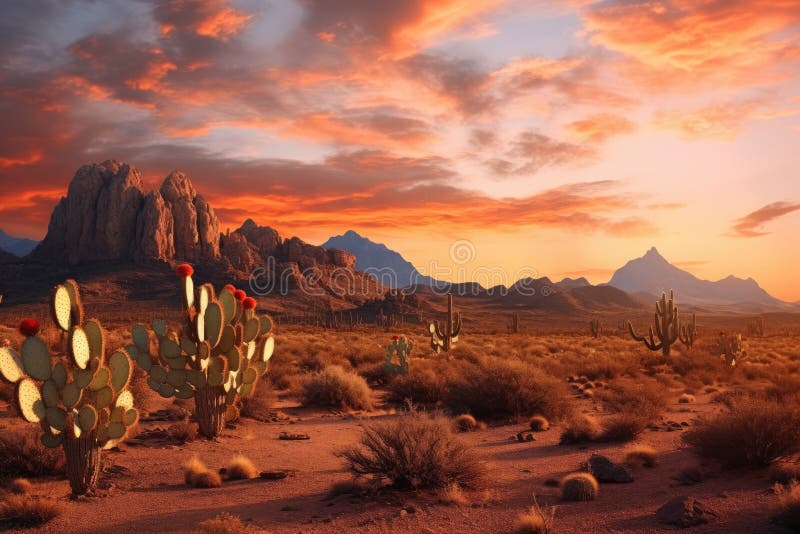 Wild West Texas Desert Landscape with Sunset with Mountains and Cacti ...