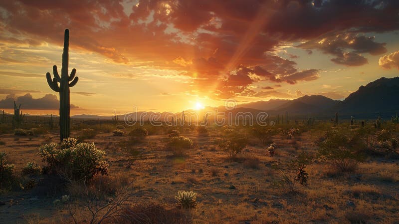 Wild West Texas Desert Landscape with Sunset with Mountains and Cacti ...
