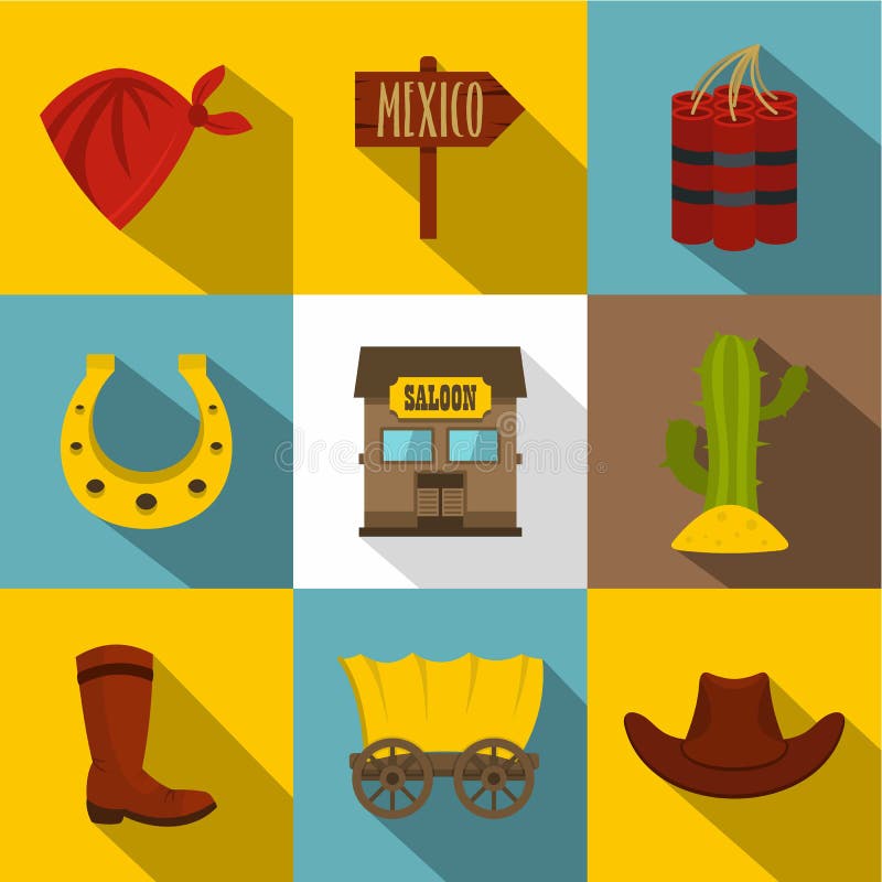 Wild West Things Icons Set, Flat Style Stock Vector - Illustration of ...