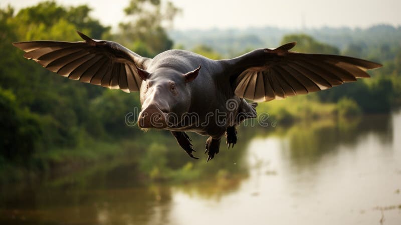 A Wild Winged and Flying Pig-like Creature is Flying Over a River, AI ...