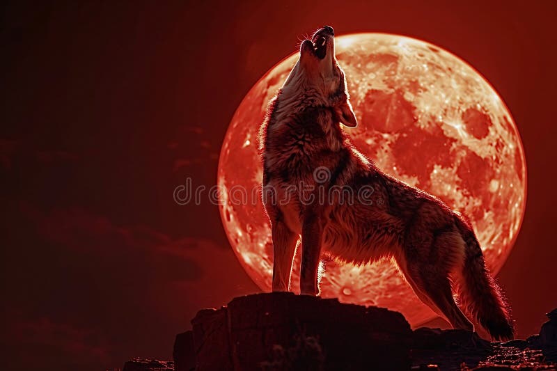 Wild Wolf Howling at Red Full Moon in Dramatic Night Landscape Stock ...