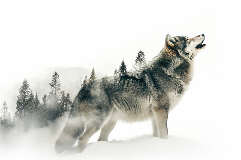 Wild Wolf Howling in Snowy Forest Double Exposure Stock Image - Image ...