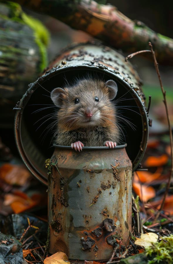 Wild Wood Mouse Peeking Out of Rusty Old Can Stock Image - Image of ...