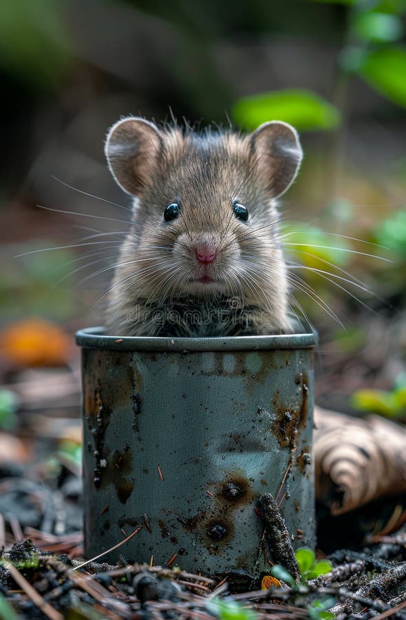 Wild Wood Mouse Sitting in Metal Mug and Looking at the Camera Stock ...