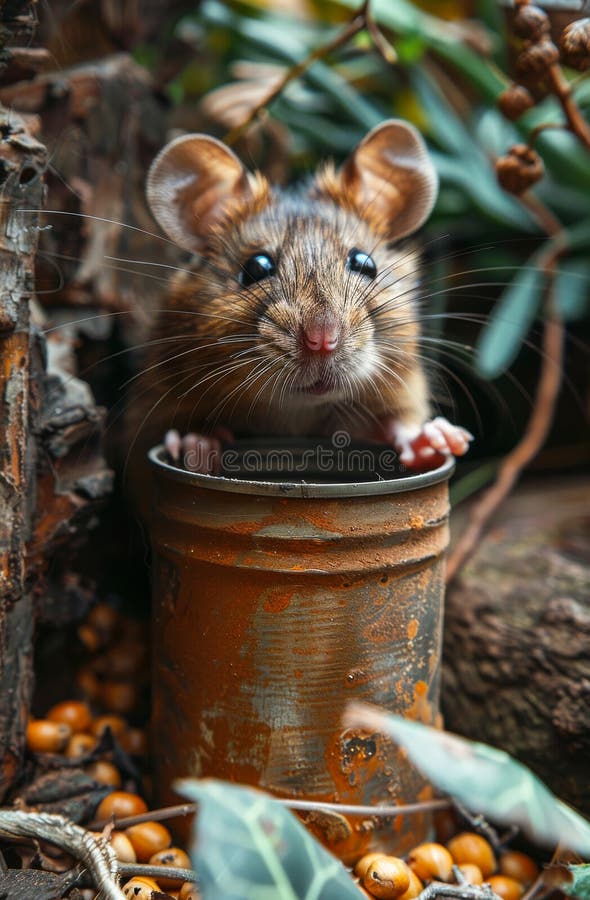 Wild Wood Mouse Sitting in Rusty Can in the Forest Stock Image - Image ...