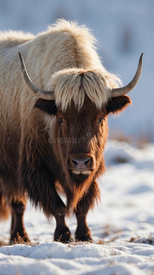 A Wild Yak in the Snow in Winter Sunny Day. Stock Image - Image of ...