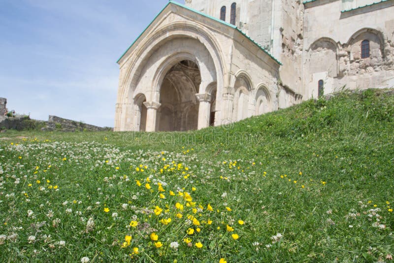 Wild Yellow Flowers, Green Grass on Background Temple Stock Image ...