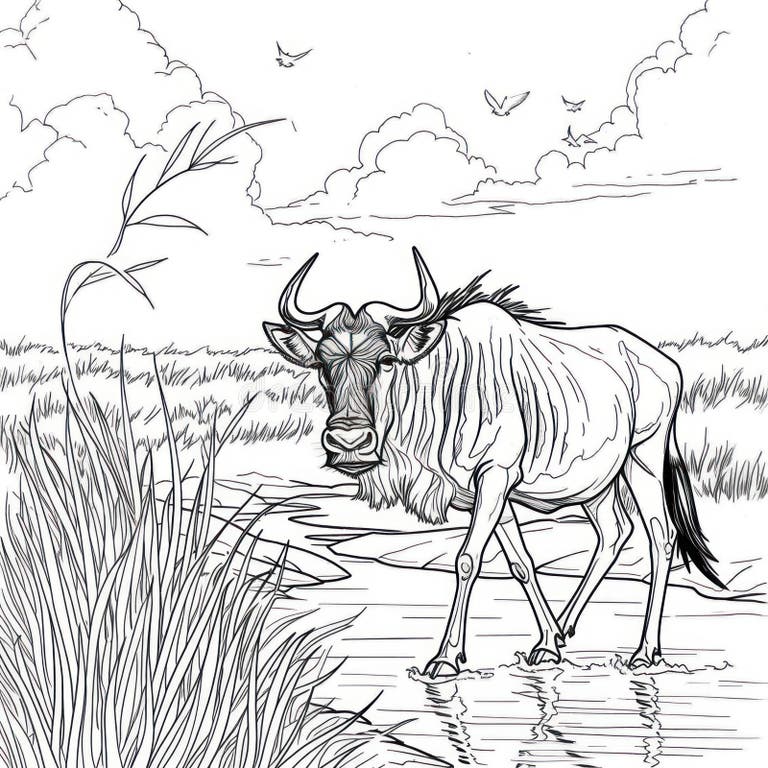 Wildebeest Drawing Coloring Book Page Stock Illustration - Illustration ...