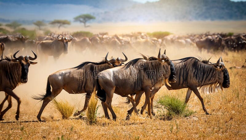 Wildebeest Jumping into Mara River. Great Migration Stock Illustration ...