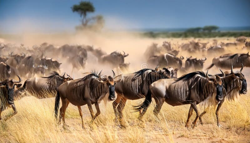 Wildebeest Jumping into Mara River. Great Migration Stock Illustration ...
