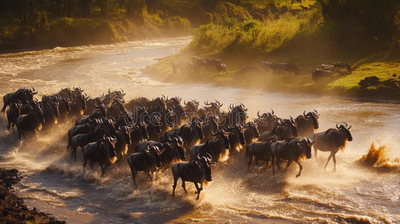 Wildebeest River Crossing at Sunrise in African Savanna Stock ...