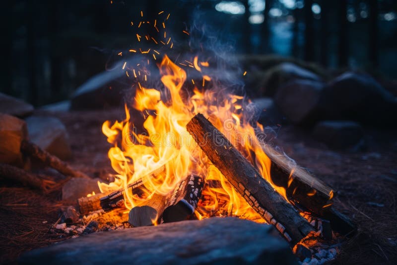 Wilderness Campfire Scene Wood Logs Burning with Smoke in the Natural ...