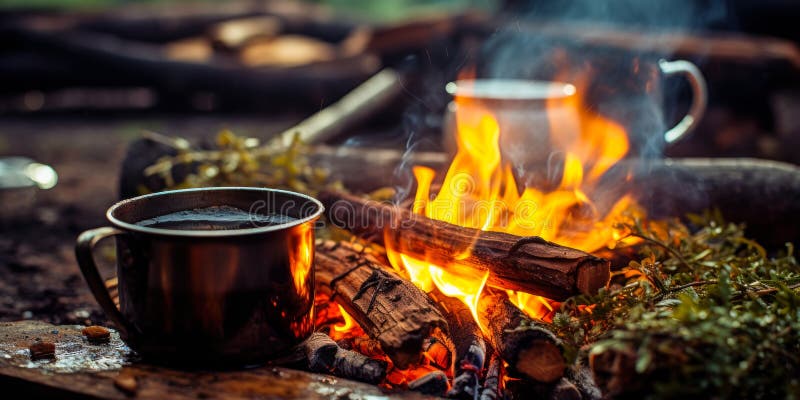 Wilderness Cooking Boiling Water Over Campfire Stock Illustration ...