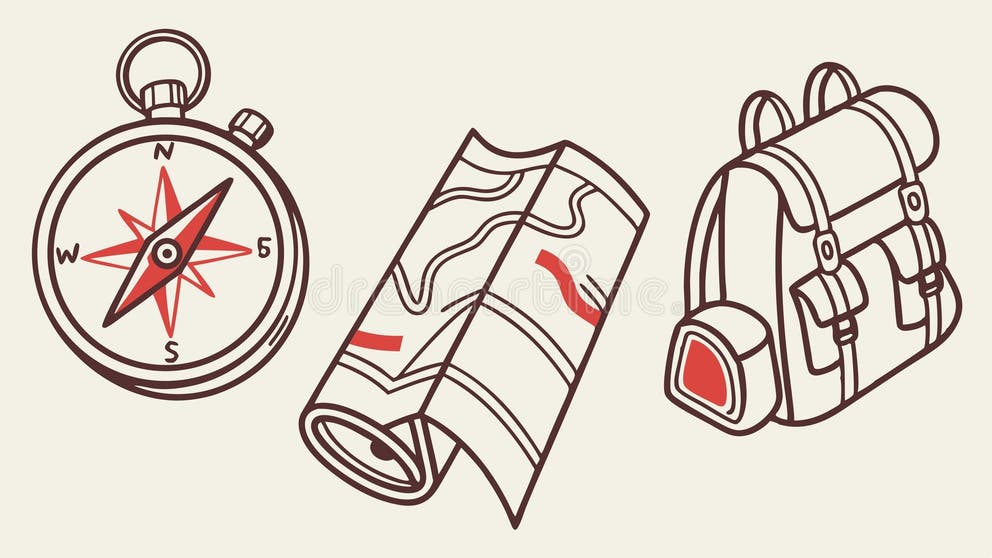 Wilderness Exploration Tools, Map, Compass, Binoculars, Vector Design ...