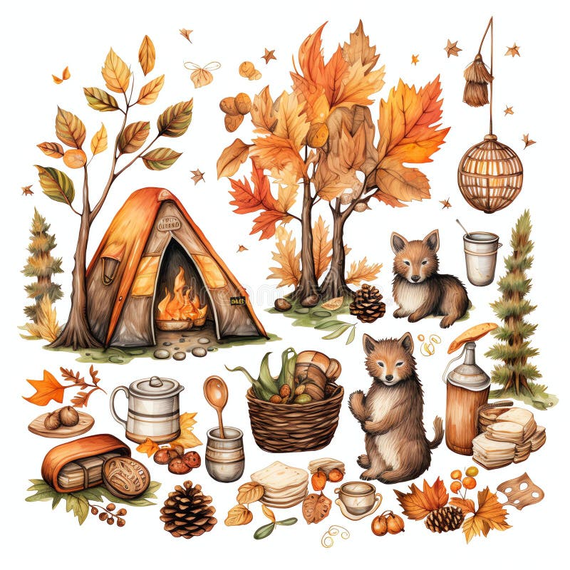 Wilderness Melody Autumn Fall Watercolor Illustration Stock ...