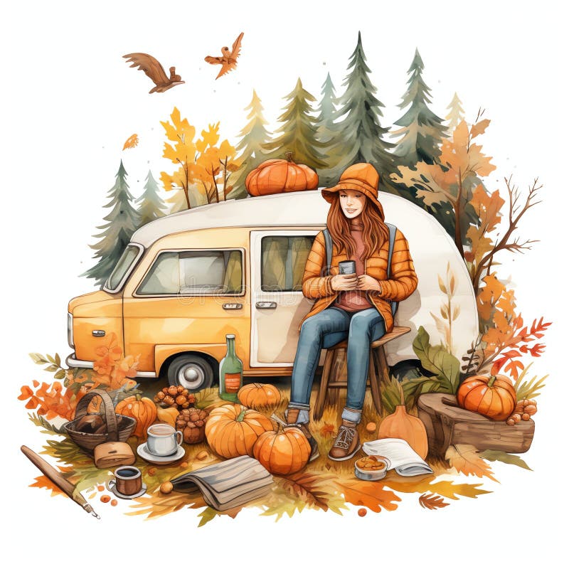 Wilderness Wanderer Autumn Fall Watercolor Illustration Stock ...