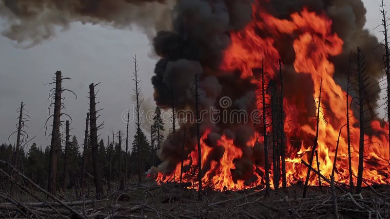Wildfire Blazing through Forest with Thick Smoke and Burning Trees ...