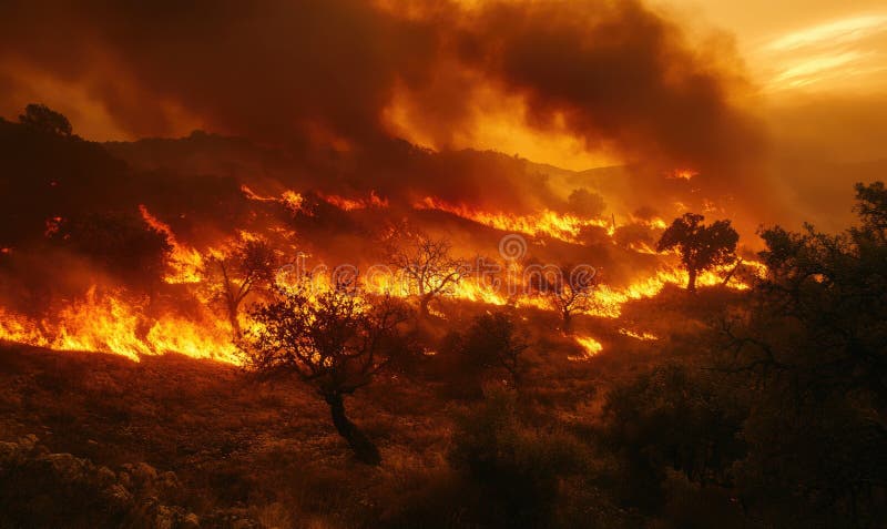A Blazing Wildfire Raging through a Dry Forest, with Tall Flames and ...