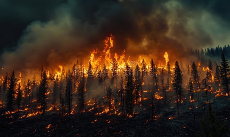 A Blazing Wildfire Raging through a Dry Forest, with Tall Flames and ...