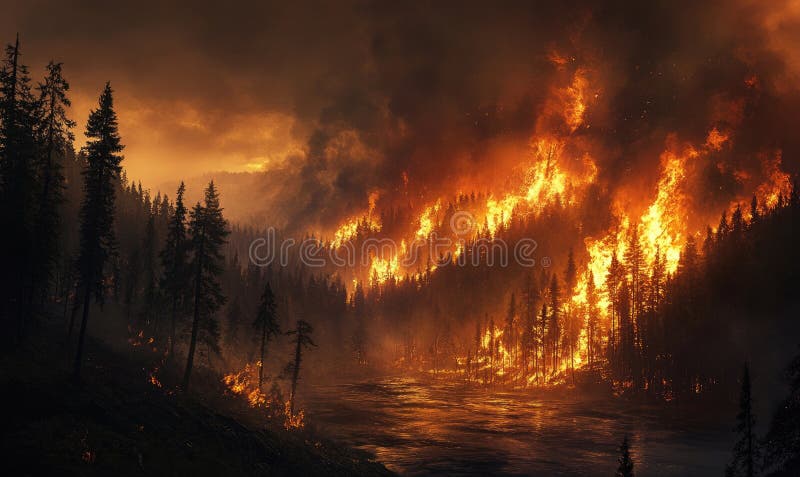 A Wildfire Blazing through a Forested Area, Thick Smoke Billowing into ...
