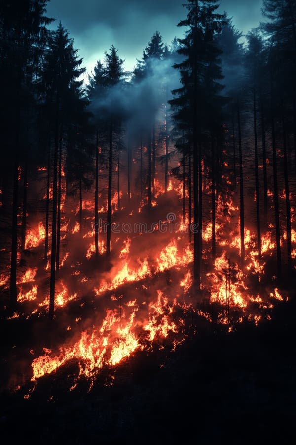 Wildfire Burning through Coniferous Forest at Night. Generated by AI ...