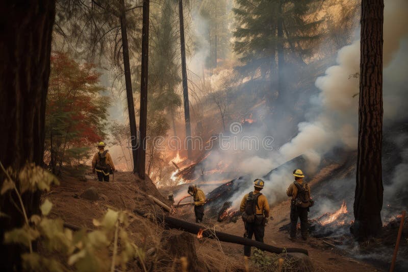 Wildfire Burning through Dense Forest, with Firefighters in Foreground ...