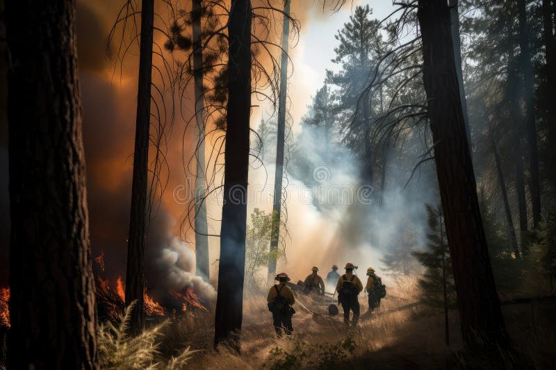 Wildfire Burning through Dense Forest, with Firefighters in Foreground ...