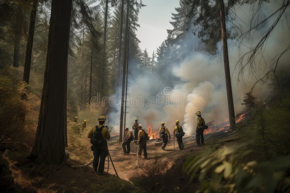 Wildfire Burning through Dense Forest, with Firefighters in Foreground ...
