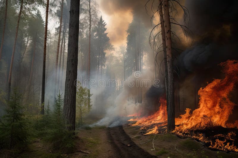 Wildfire Burning through Dense Forest, with Trees Ablaze and Ash ...