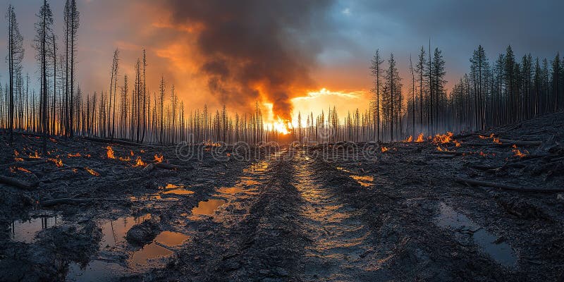 Wildfire Burning Forest Dramatic Smoke Glowing Sky Sunset Stock Photos ...