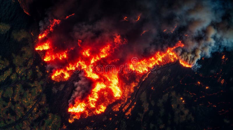 Wildfire Burning through Forest at Night, Devastating Aerial View Stock ...