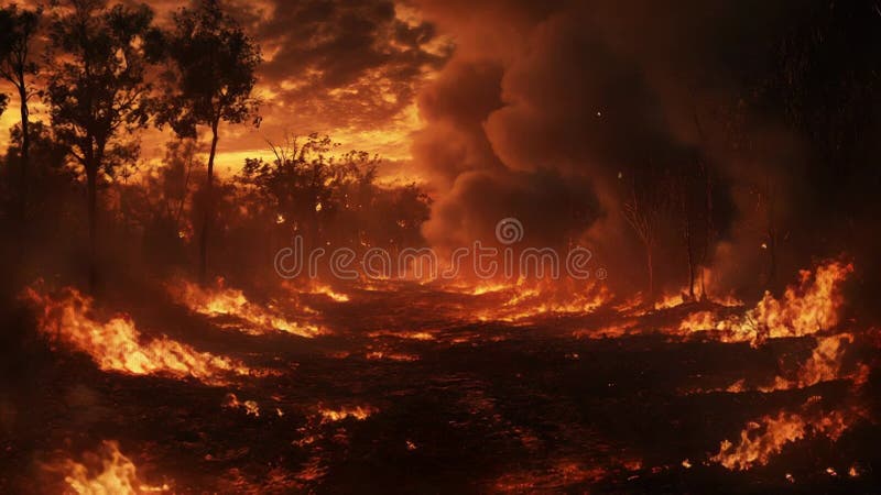 Wildfire Burning through Forest at Sunset Creating a Path of ...