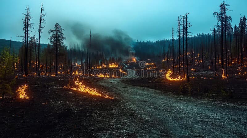 Wildfire Burning through a Forest at Twilight, Leaving a Trail of ...