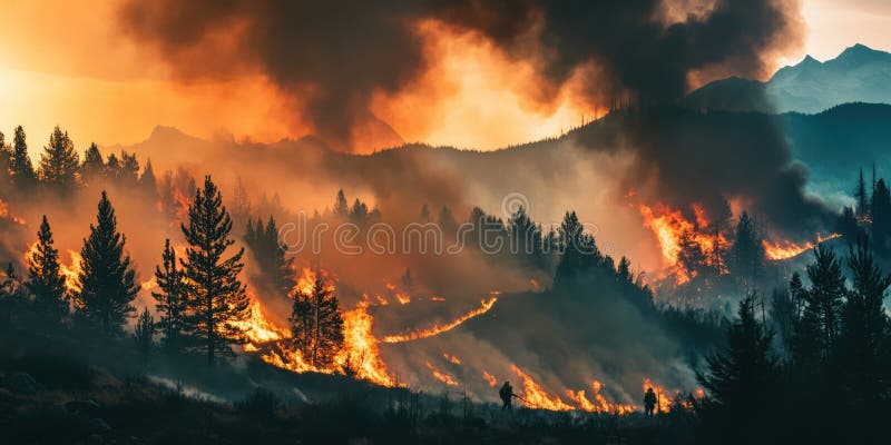 A Wildfire Burning through a Forested Area, with Firefighters Battling ...
