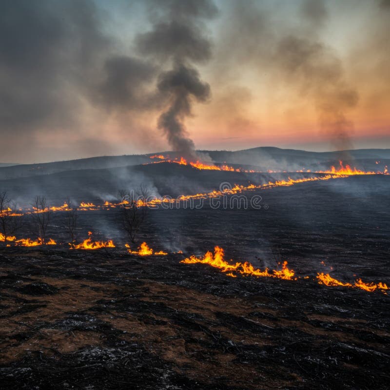 Wildfire Burning Grassland at Sunset Stock Illustration - Illustration ...
