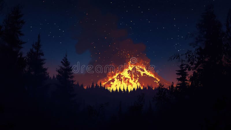 Wildfire Burning at Night Behind Coniferous Forest Under Starry Sky ...