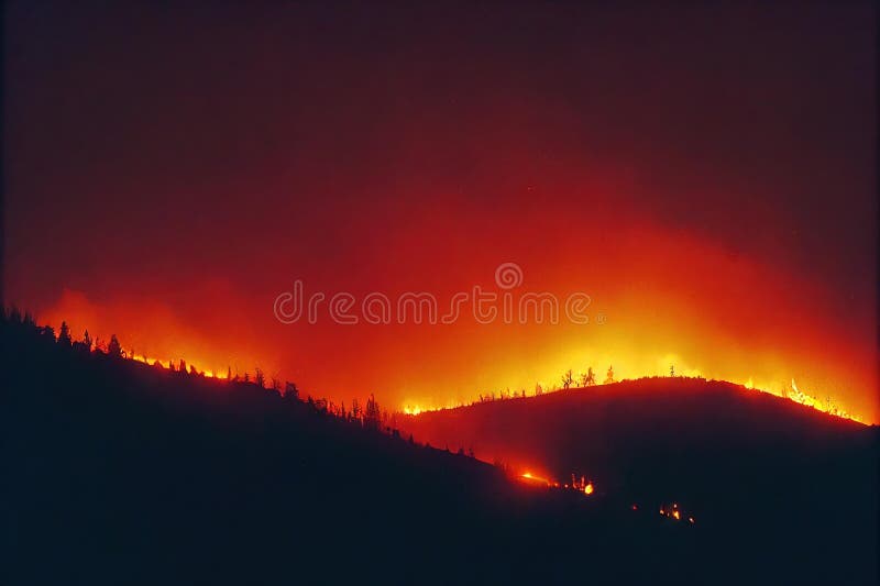 Wildfire Burning at Night with Smoke and Flames. Stock Illustration ...