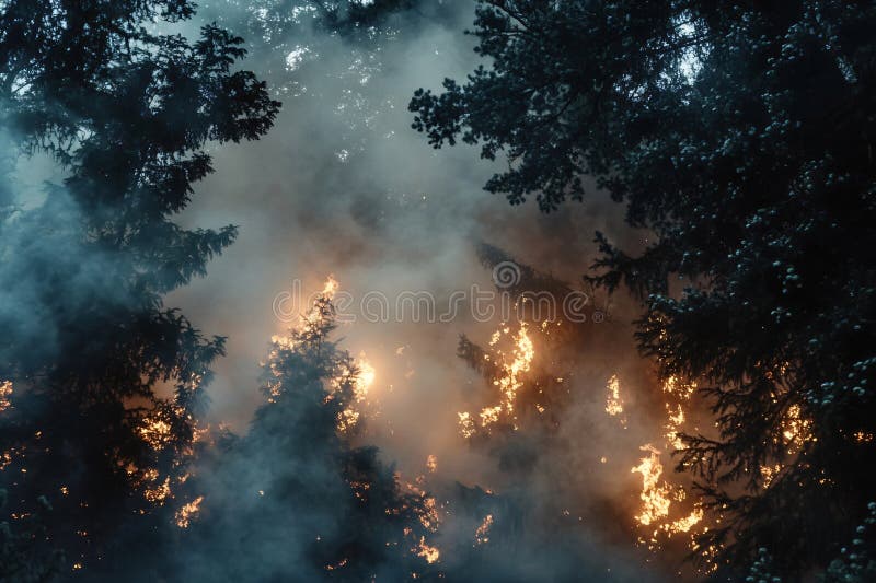 Wildfire Burning through a Pine Forest Creating a Blanket of Smoke ...