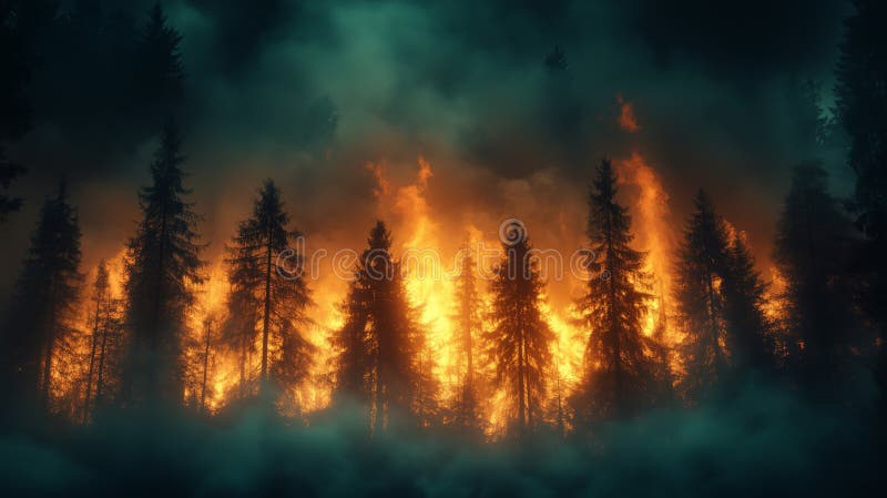 Wildfire Burning Pine Trees Forest at Night, Generating Heavy Smoke ...