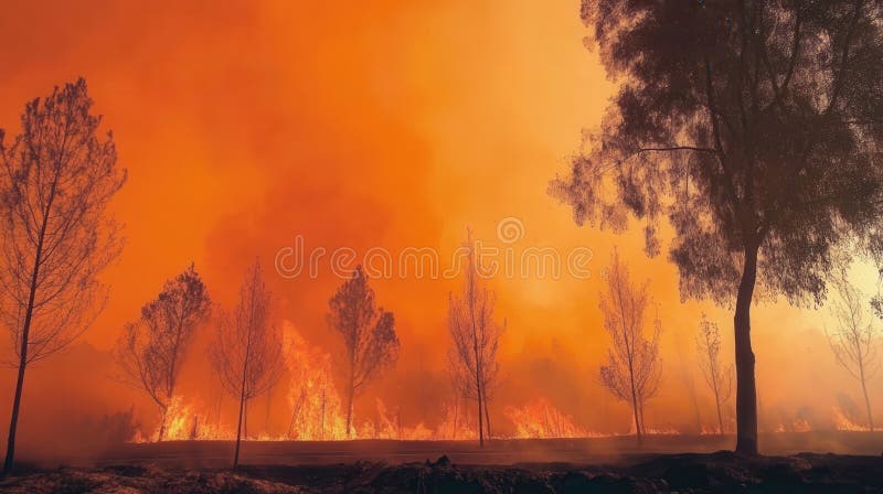 Wildfire Burning Smoke Field a Trees and Orange with in the Background ...