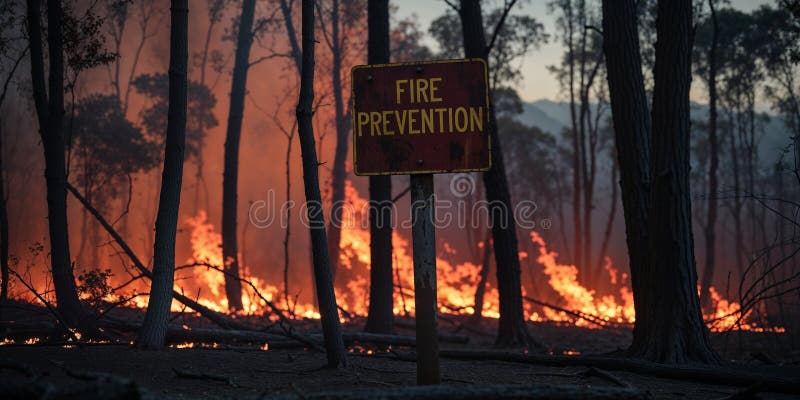 Wildfire Burning through Trees at Dusk with Fire Prevention Sign Stock ...
