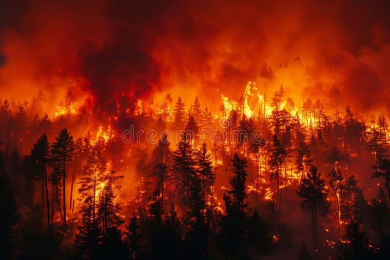 Wildfire with Burning Trees in Forest at Night Stock Image - Image of ...